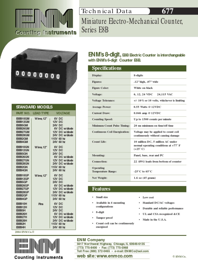 Miniature Electro-Mechanical Counter, Series E8B: ENM's 8-Digit | PDF ...