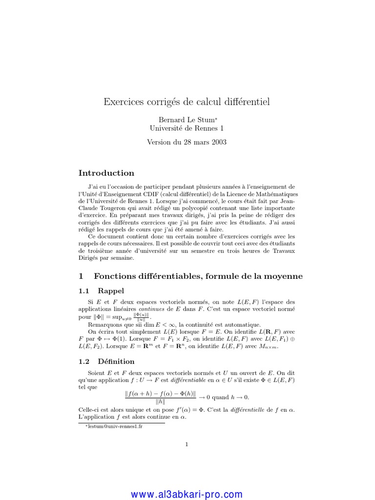 Série D'exercices Corrigés 1 Calcul Différentiel | PDF | Fonction (Mathématiques) | Topologie