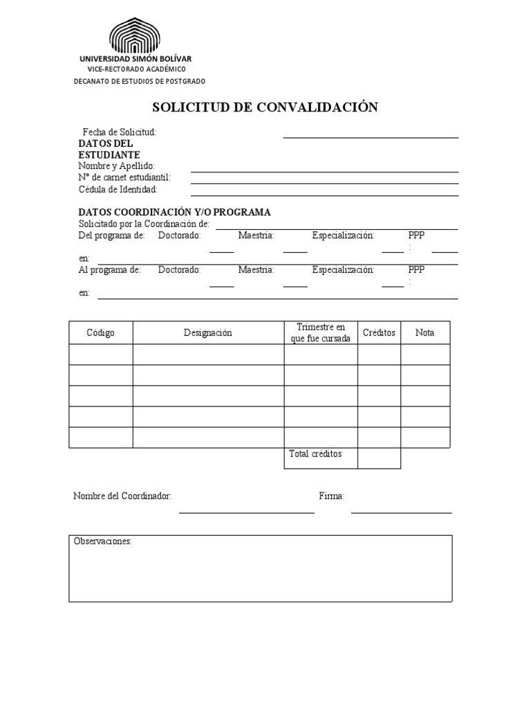 Formato de Solicitud de Convalidación USB | PDF