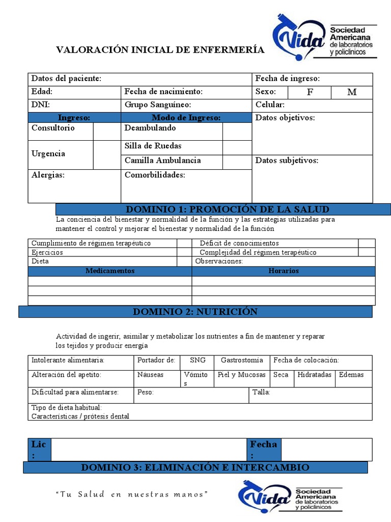 Valoración Inicial de Enfermería Por Dominios | PDF | Ansiedad | Dieta