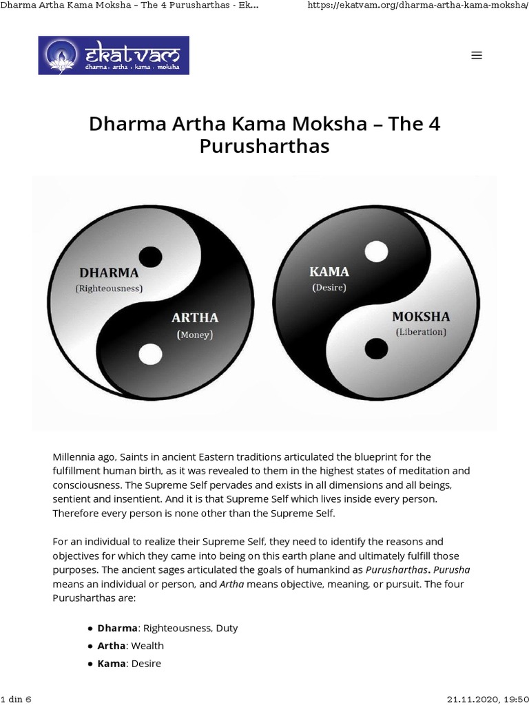 Dharma Artha Kama Moksha – The 4 Purusharthas - Ekatvam | PDF | Moksha ...