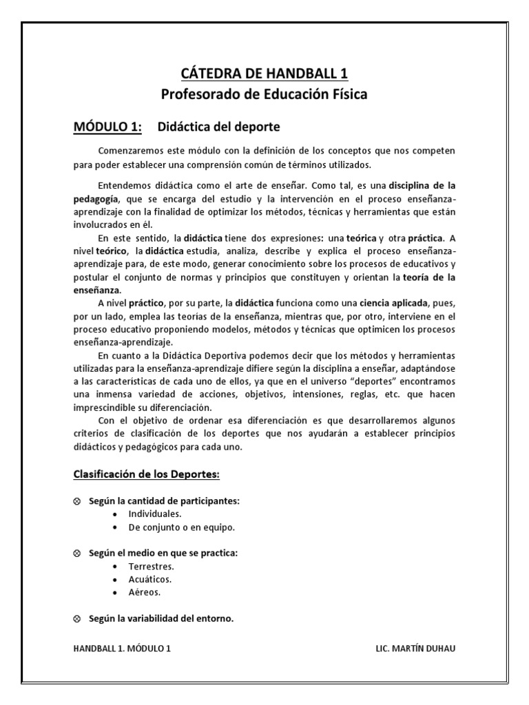 MODULO 1. Catedra de Handball 1. Didactica Del Deporte 1 | PDF | Enseñando | Aprendizaje