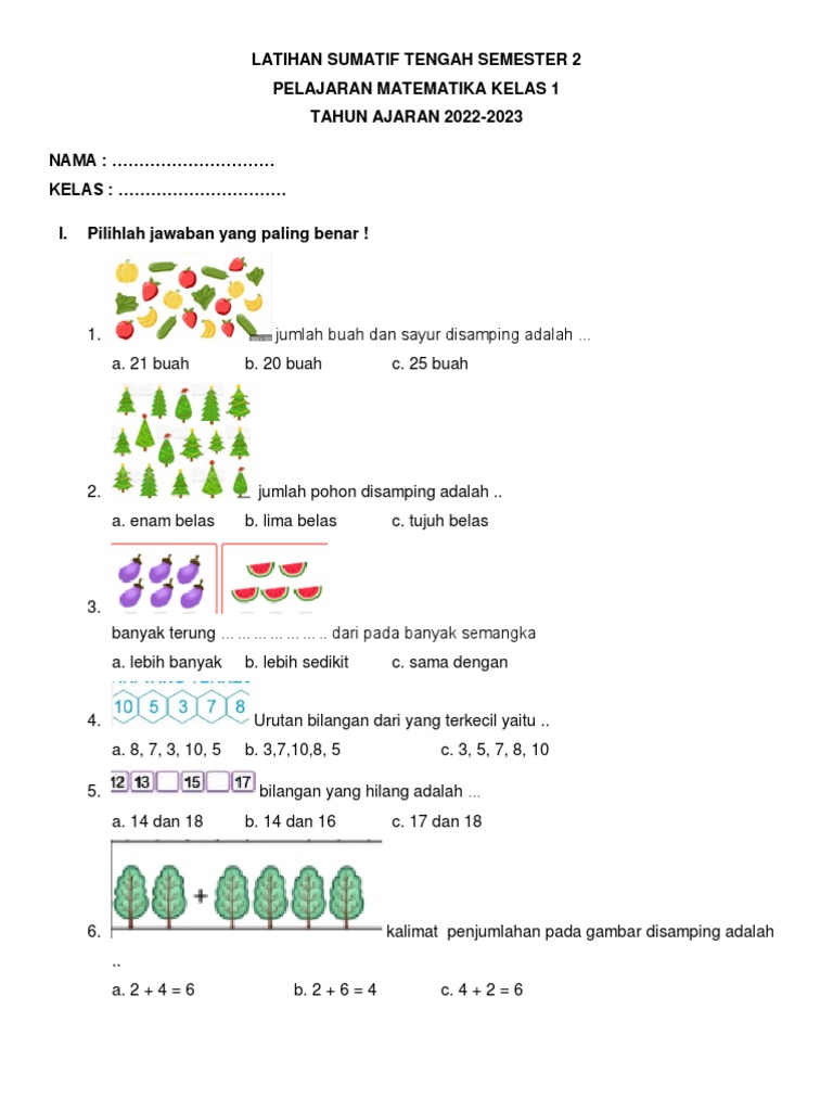 LATIHAN SUMATIF TENGAH SEMESTER 2 MTK Kls 1 PDF | PDF | Metode & Bahan Ajar | Griya & Taman