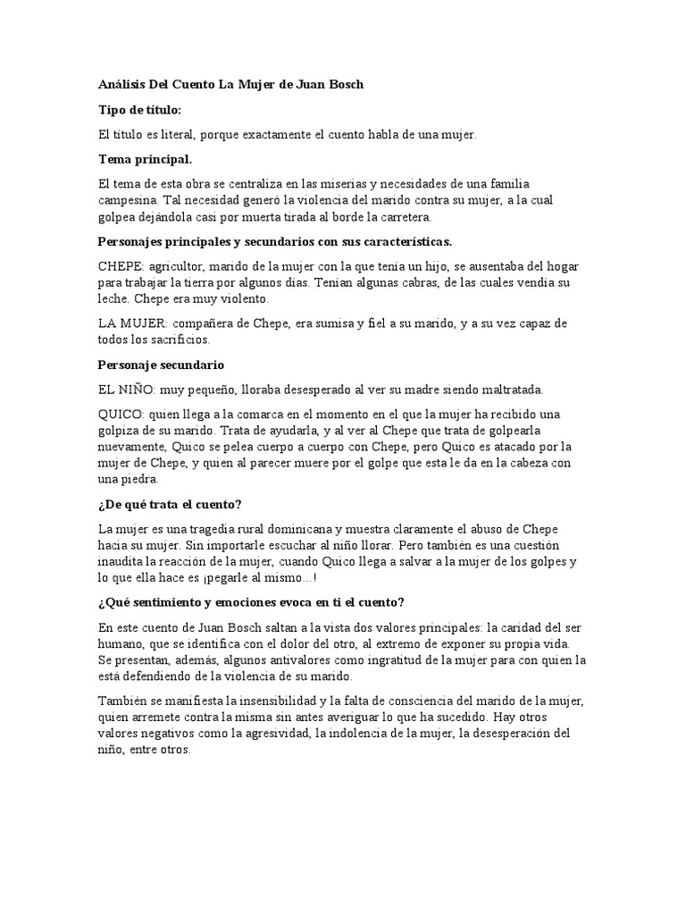 Análisis Del Cuento La Mujer de Juan Bosch | PDF