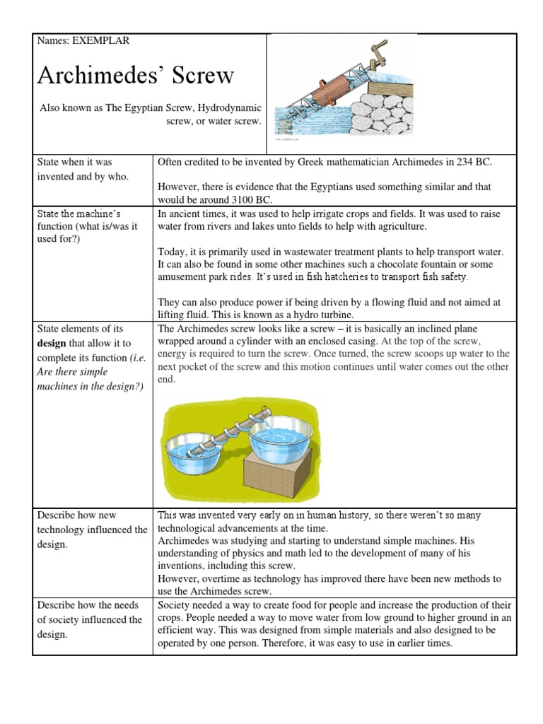 4 History of Machines Exemplar - Archimedes Screw PDF | PDF | Machines ...