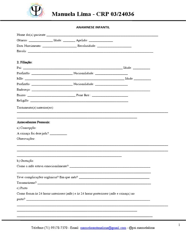 ANAMNESE INFANTIL .docx | PDF | Ciências comportamentais | Psicologia