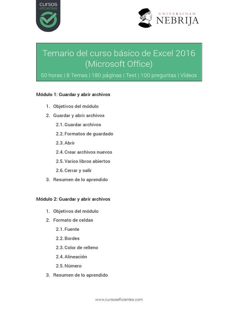 Temario Curso de Excel Básico | Descargar gratis PDF | Microsoft Excel | Hoja de cálculo