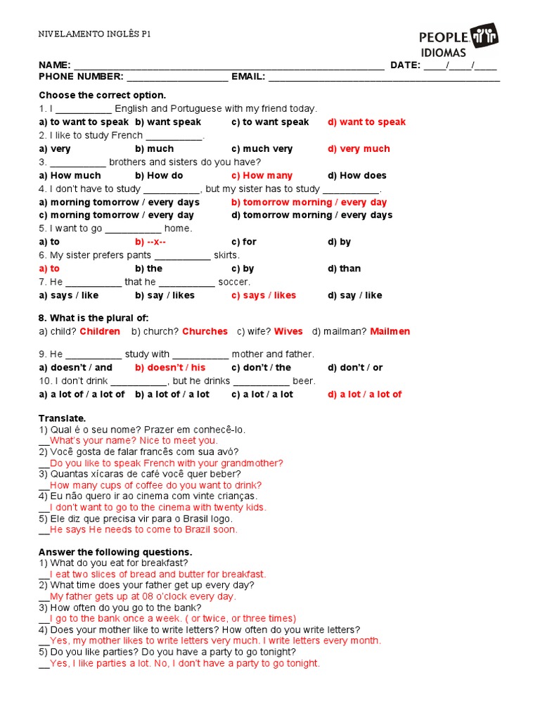 ADULT - Nivel Escr P1 - Inglês (GABARITO) | PDF