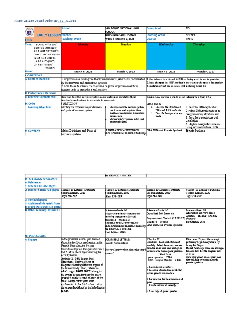 Daily Lesson Log: Science 10 Week 4 | PDF | Gene | Genetics