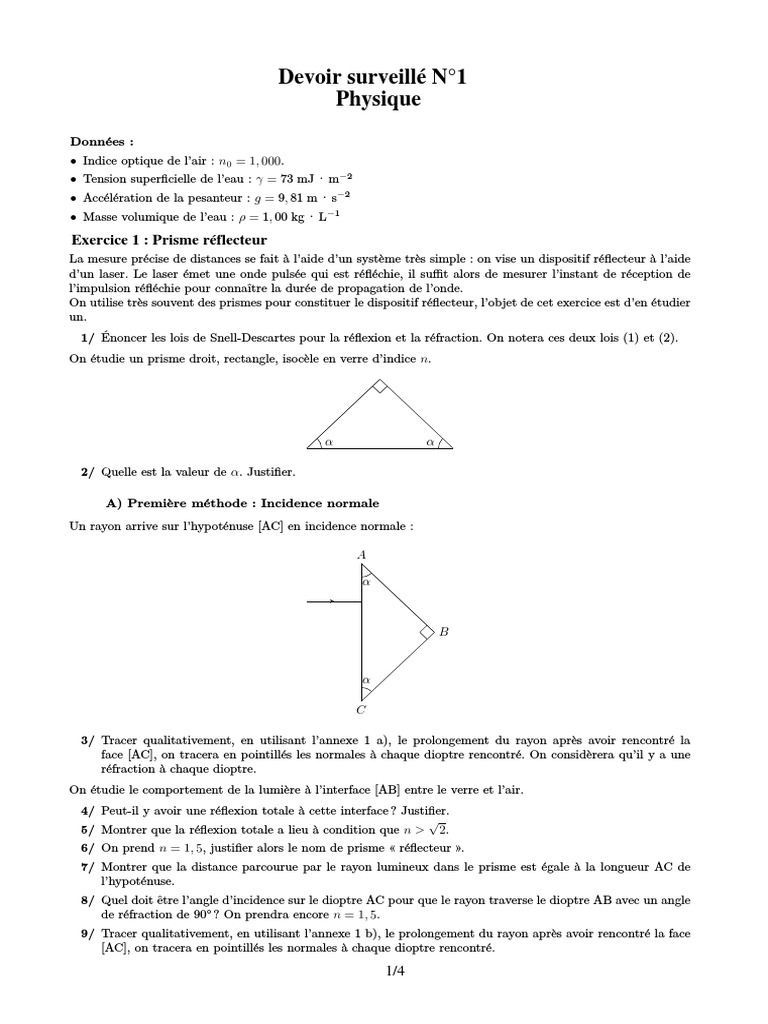 Exercice sur les prismes et la réfraction | PDF | Tension superficielle ...