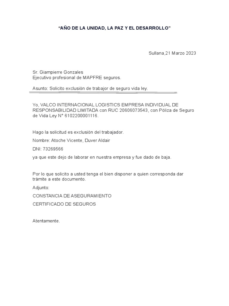 Solicito Exclusión de Trabajor de Seguro Vida Ley | PDF | Seguro | Reaseguro