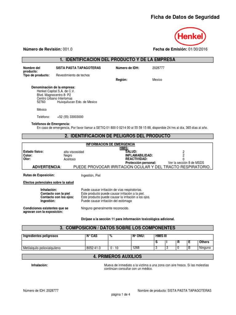 SDS Sista Pasta Tapagoteras HENKEL | PDF | Agua | Ventilación ...