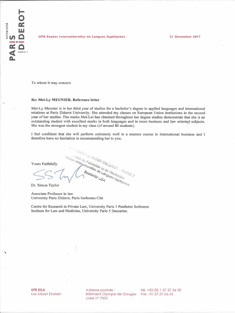 lettre de reco taylor | PDF