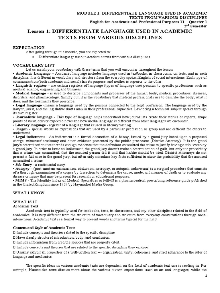 Eapp 11 Quarter 1 Sem 2 Lesson 1 Differentiate Language Use Pdf