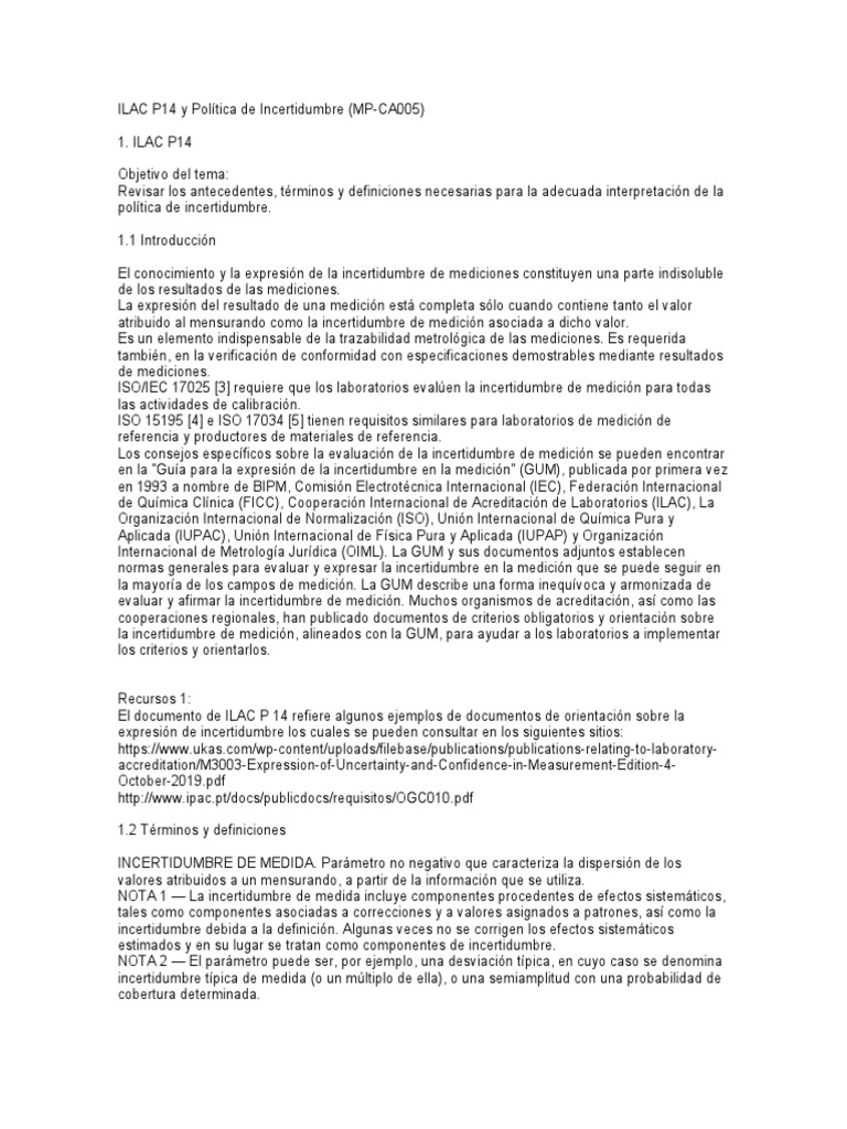 ILAC P14 y Política de Incertidumbre | PDF | Calibración | Exactitud y precisión