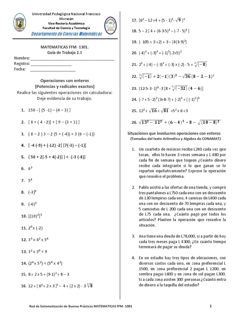 Guía de Trabajo 2.1 Operaciones Combinadas Con Enteros Potencias y Radicales | PDF
