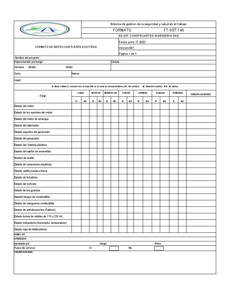 FT-SST- 146 Formato de Inspeccion Planta Electrica. (1) | PDF