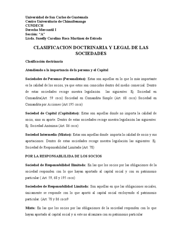 Clasificación y tipos de sociedades mercantiles según la legislación guatemalteca | PDF ...