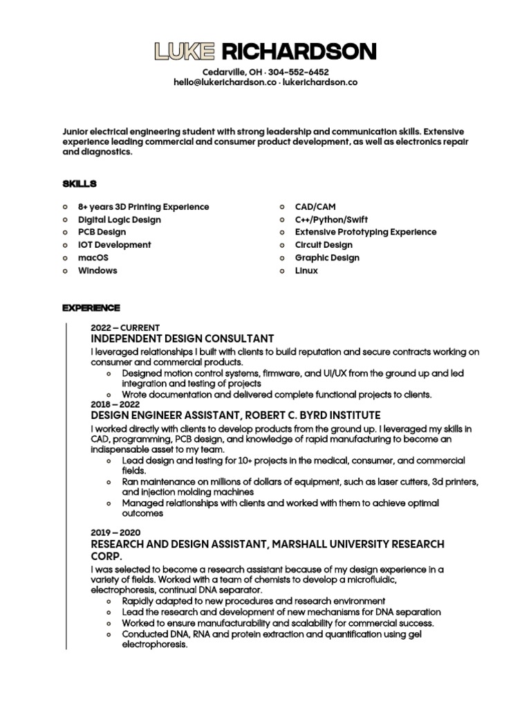 Luke Richardson - Resume | PDF | 3 D Printing | Engineering