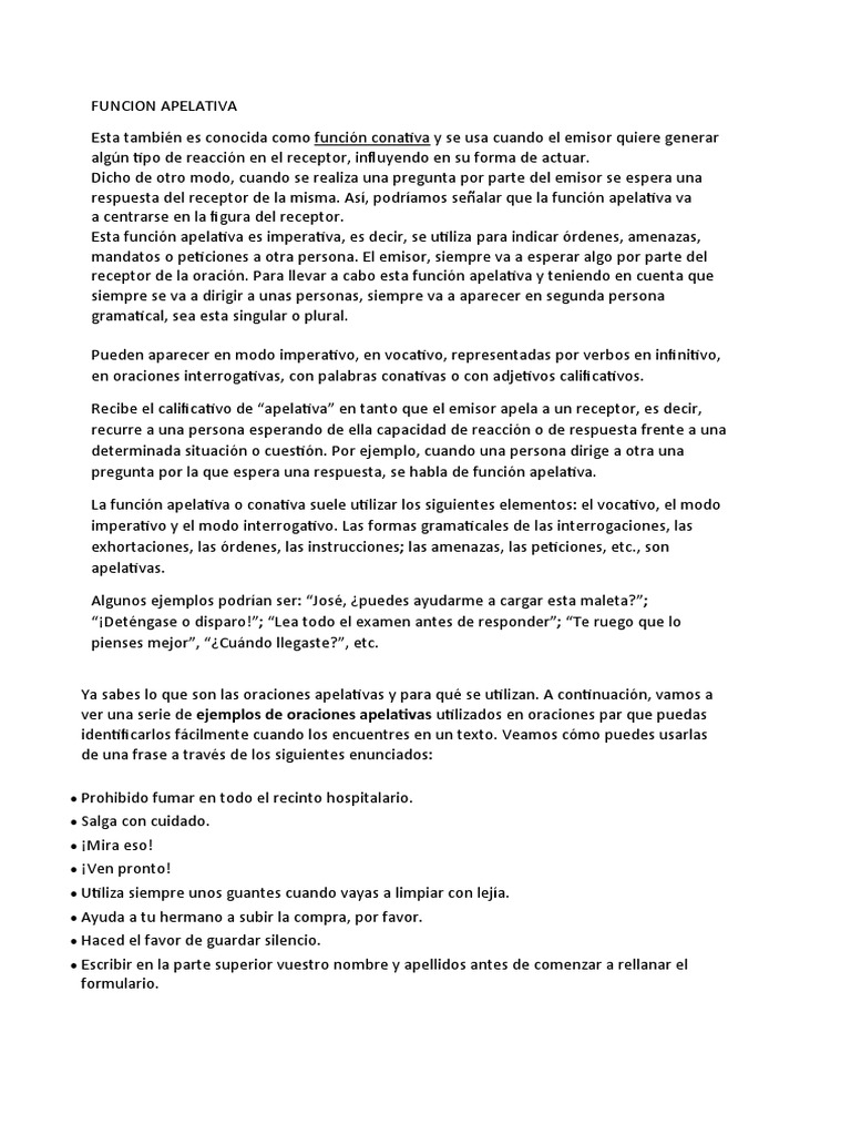 FUNCION APELATIVA | PDF | Oración (Lingüística) | Morfología Lingüística