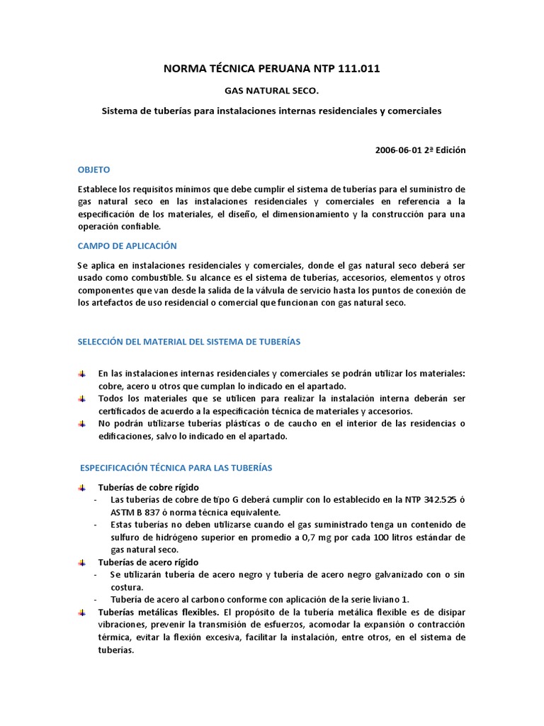 Norma Técnica Peruana NTP 111 | PDF | Tubería (transporte de fluidos) | Cobre