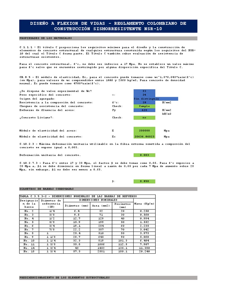 Diseño A Flexion de Vigas - NSR-10 | Descargar gratis PDF | Hormigón | Viga (Estructura)