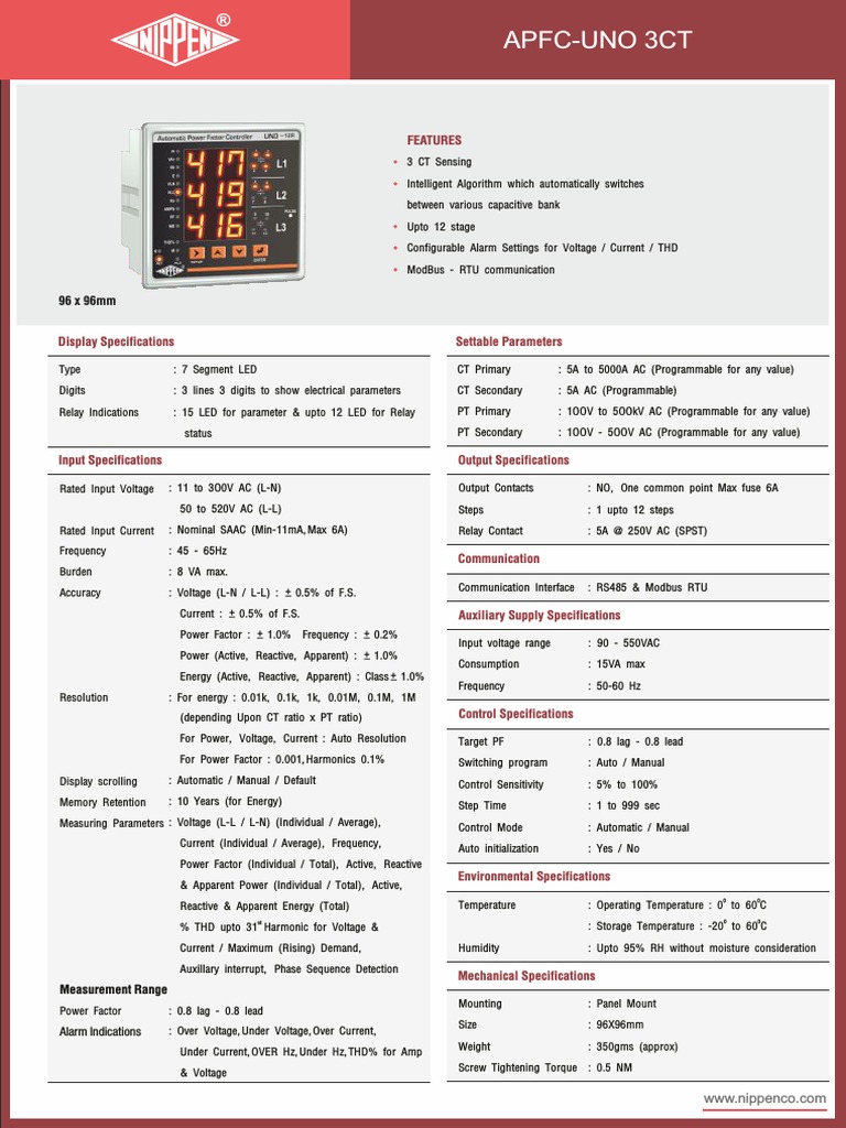 APFC UNO 3CT Relay Specifications | PDF | Relay | Electric Power