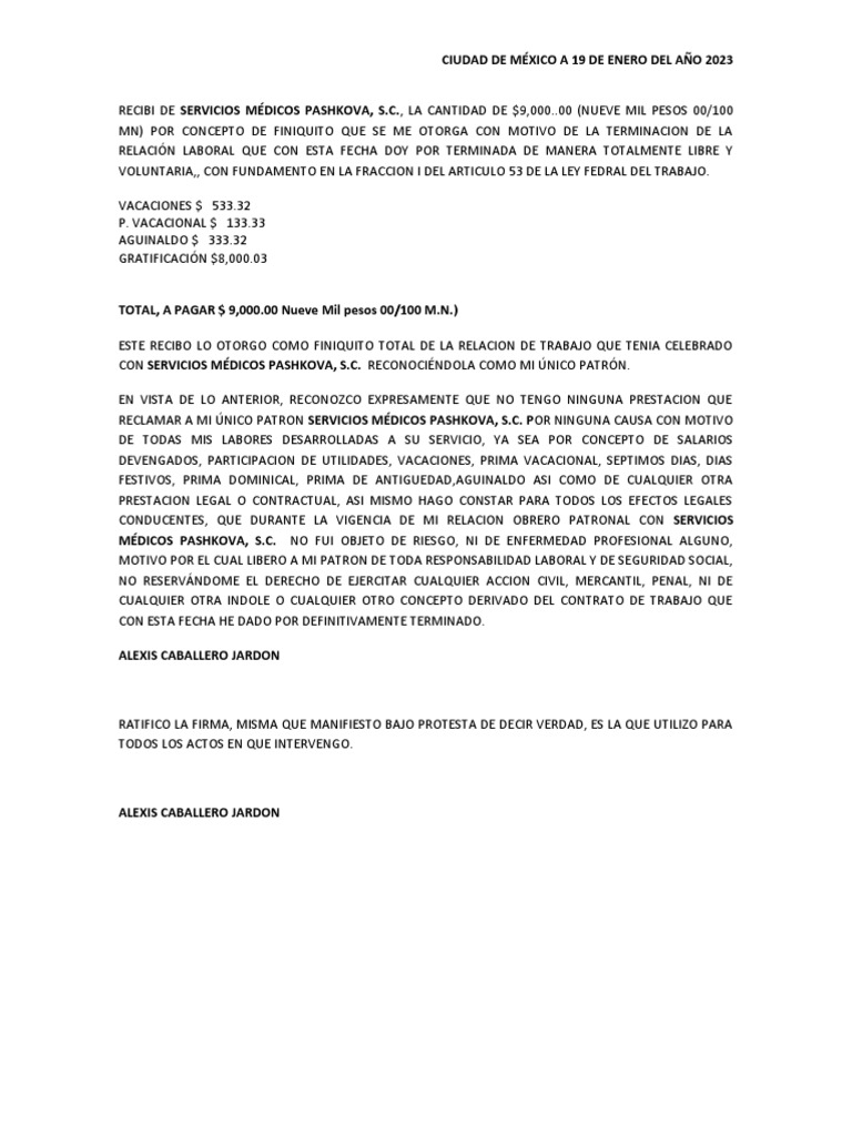 Finiquito Maria Flor Hernandez Molina Masidemex | PDF