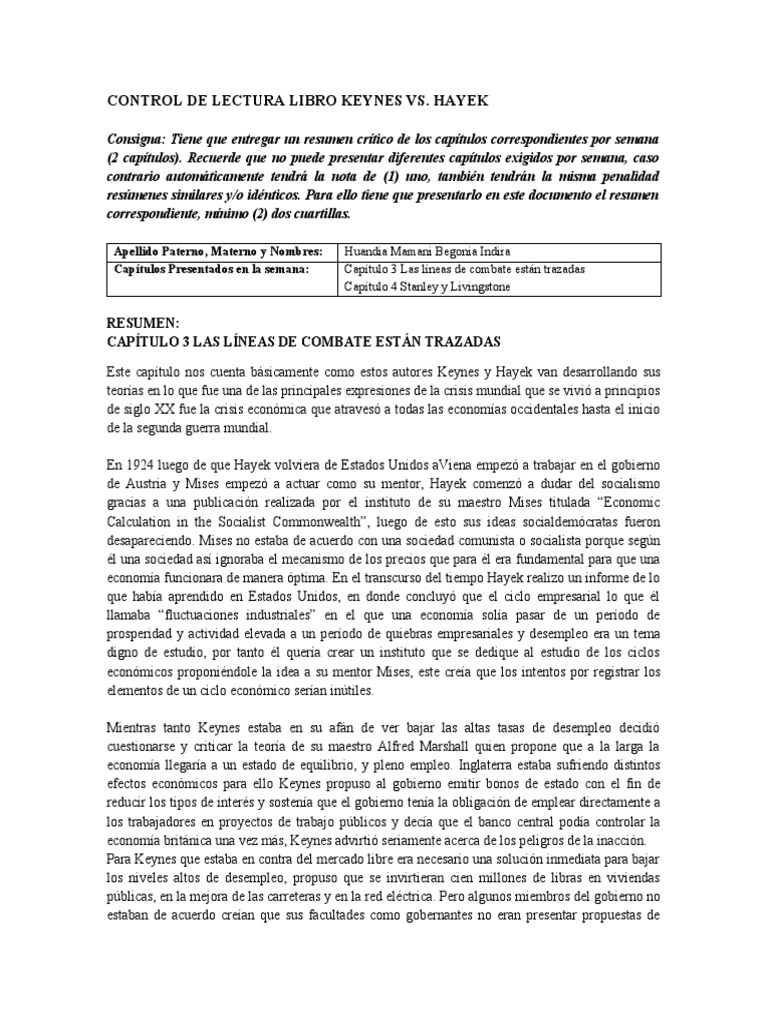 Resumen Keynes Vs Hayek | PDF | John Maynard Keynes | Friedrich Hayek