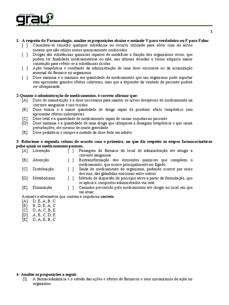 Exercicios | PDF | Farmacocinética | Farmacologia