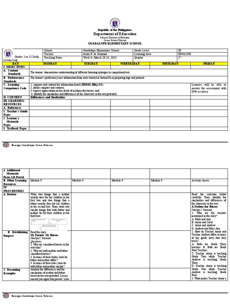 DLL Week 6 English Quarter 3 | PDF | Learning | Teachers