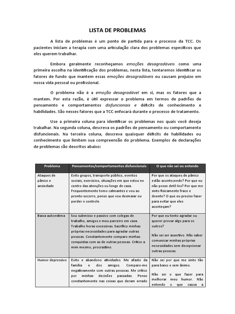 Identificação de Problemas na TCC | PDF | Pensamento | Terapia ...