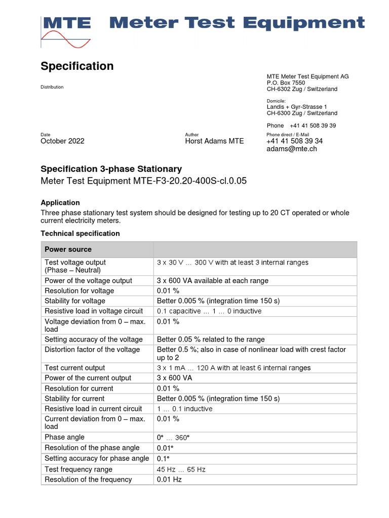 Specification MTE-F3-20.20-400S-cl.0.05 | PDF | Ac Power | Electrical Engineering