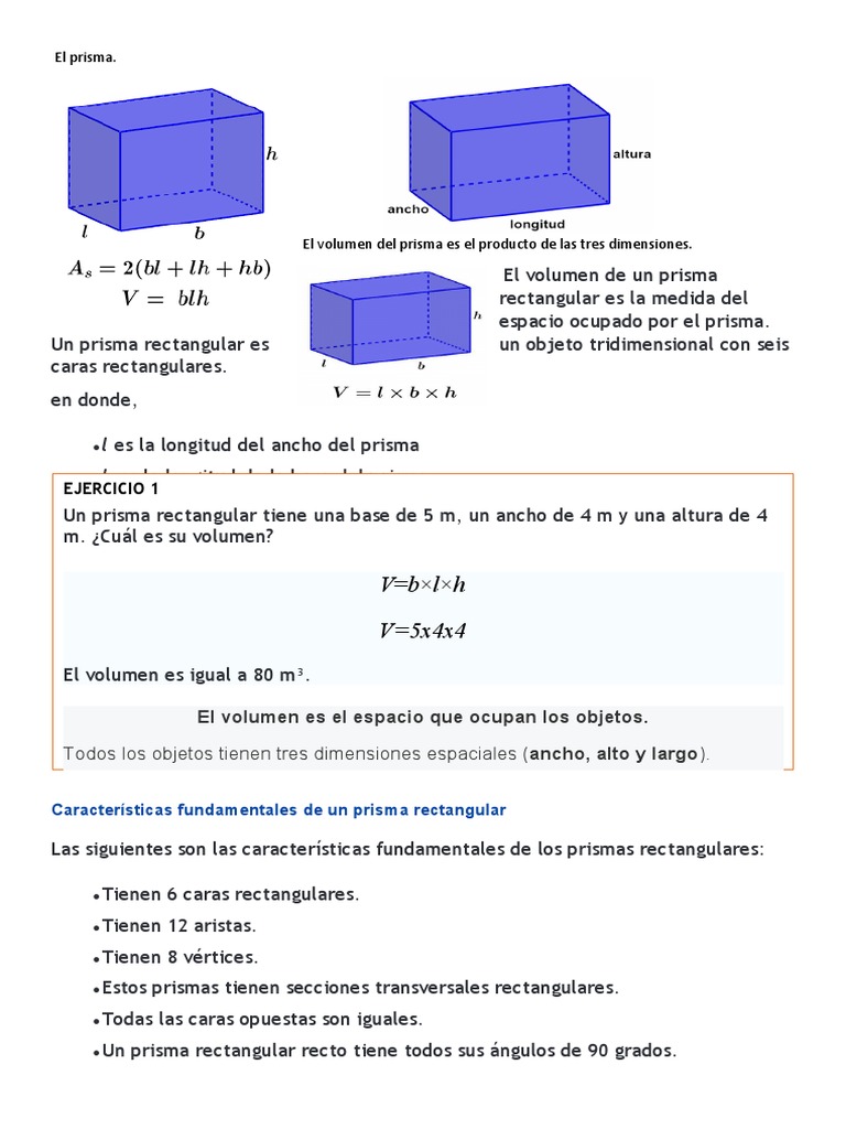 Volumen y características del prisma rectangular | PDF | Métodos y ...