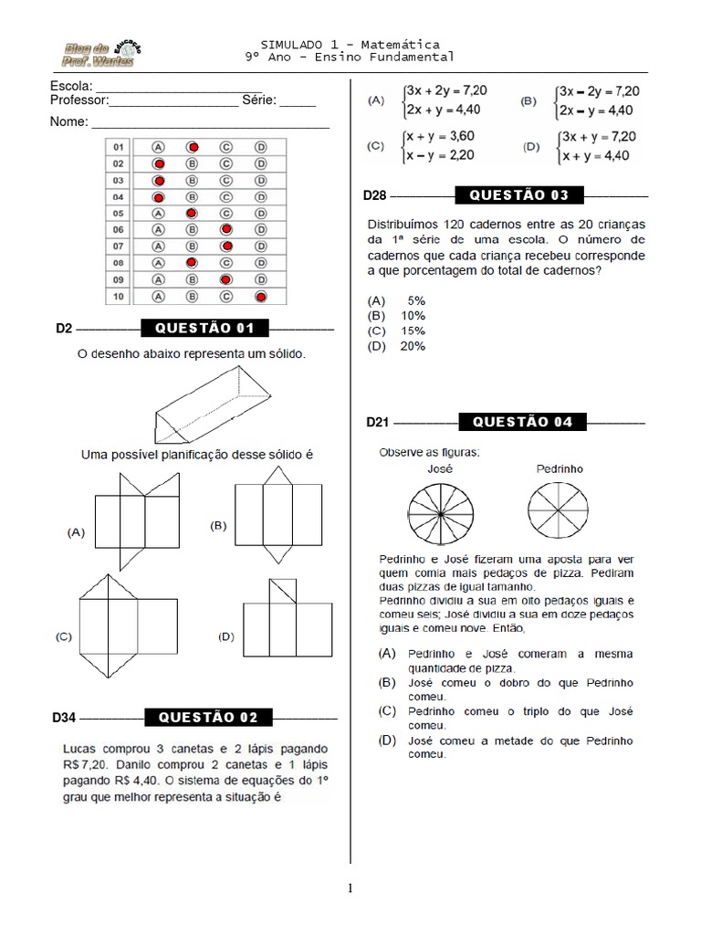 Simulado 01 (Mat. 9º Ano - Blog Do Prof. Warles) | PDF