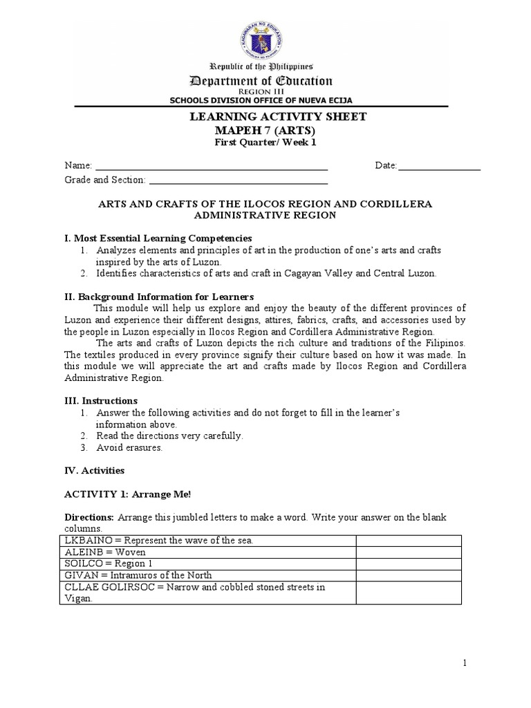 Arts7 q1 w1 Arts and Crafts of Ilocos Region and Cordillera ...