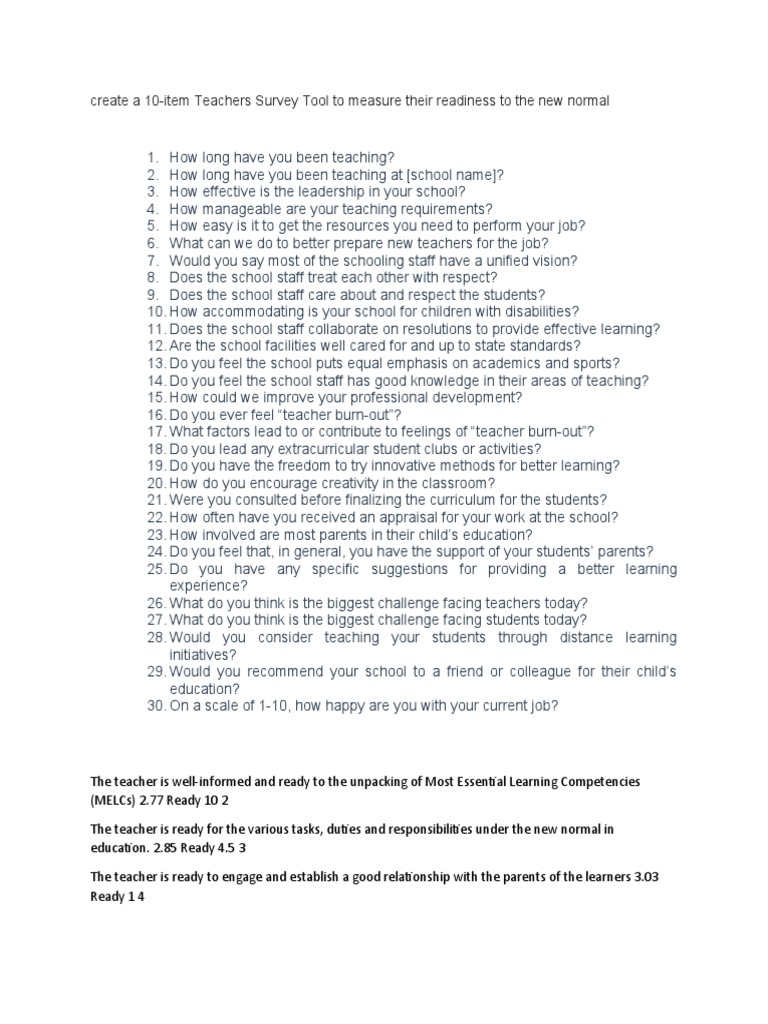 Sample Questions For Teachers Survey | PDF | Teachers | Schools