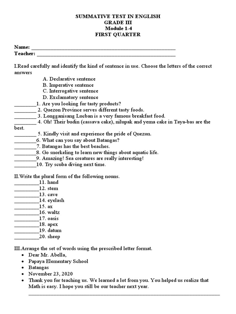 Grade 3 English Summative Test Q1 | PDF | Human Communication ...