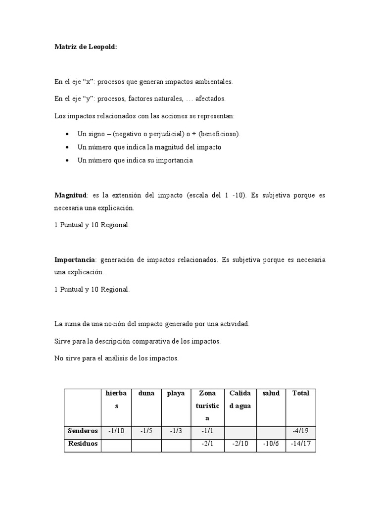 Ejemplo Matriz de Leopold EIA | PDF