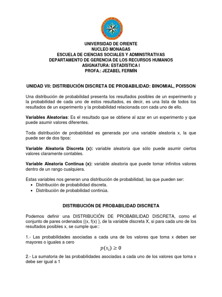 Unidad Vii Distribuciones Discretas de Probabilidad Binomial y Poisson | PDF | Enseñanza de ...