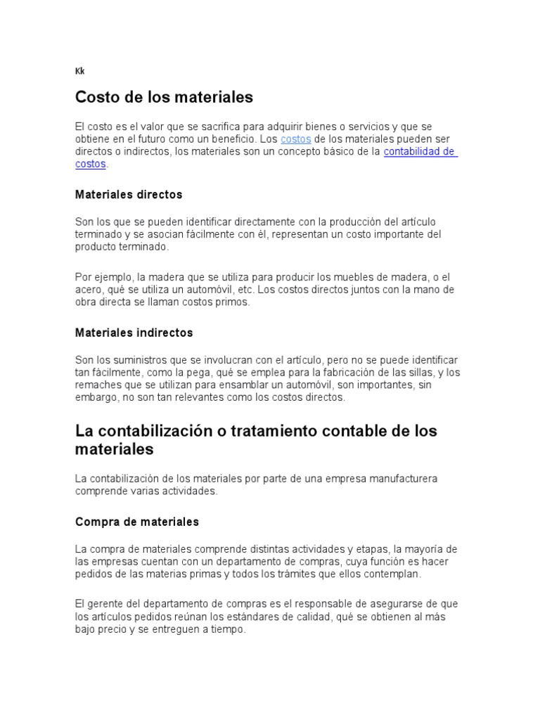 Costo de Los Materiales | PDF | Costo | Contabilidad