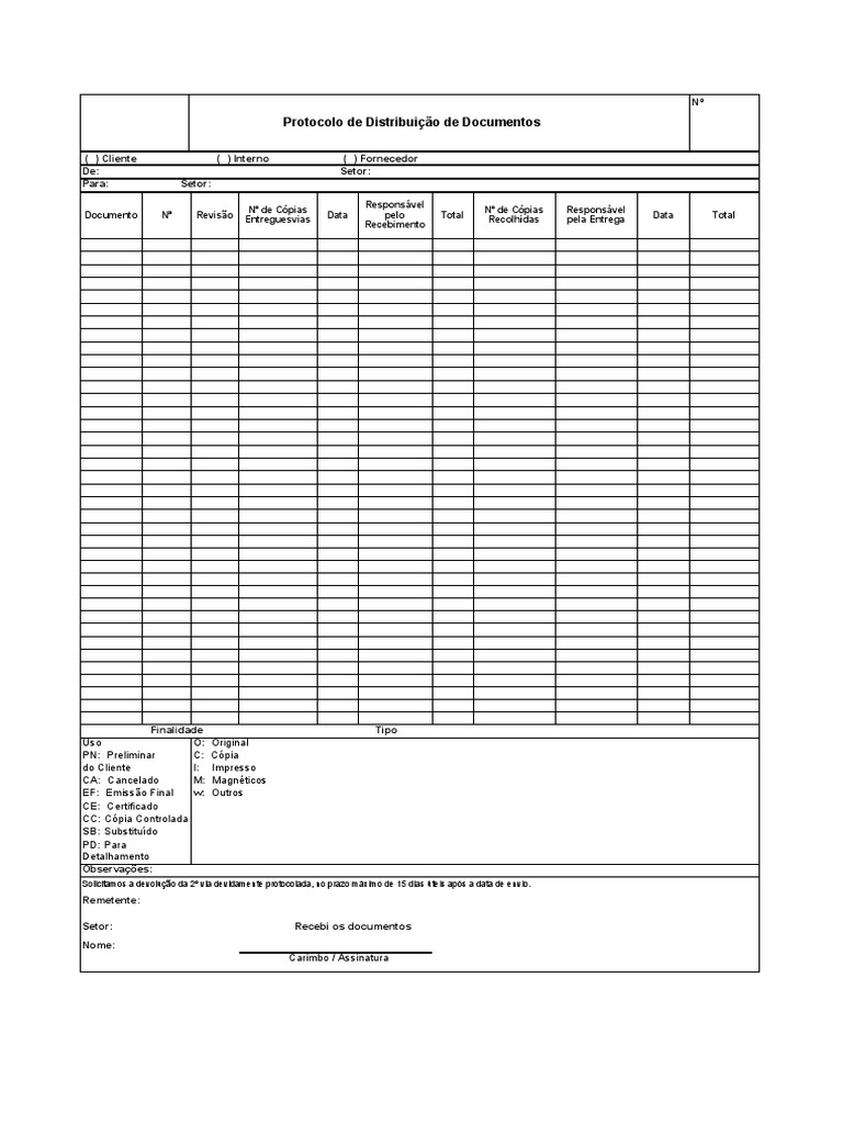 Formulário - Protocolo de distribuição de documentos.xls | PDF