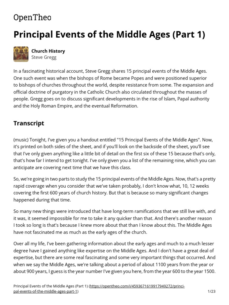 Principal Events of The Middle Ages (Part 1) (Transcript) - Church ...