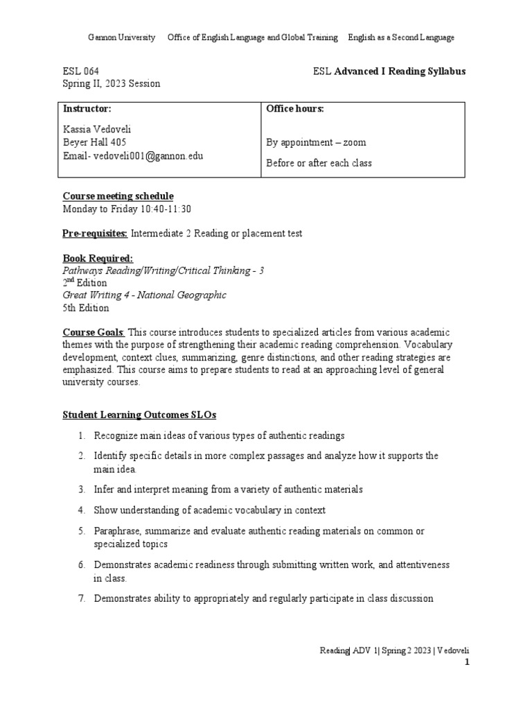 ESL 064 ADV 1 Reading Spring 2 2023 Vedoveli | PDF | Reading ...