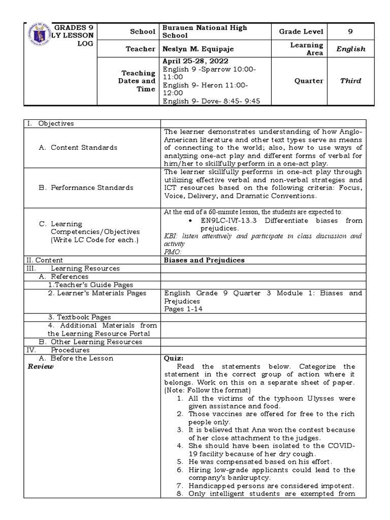 Grade 9 (Lessson Plan) | PDF | Bias | Prejudices