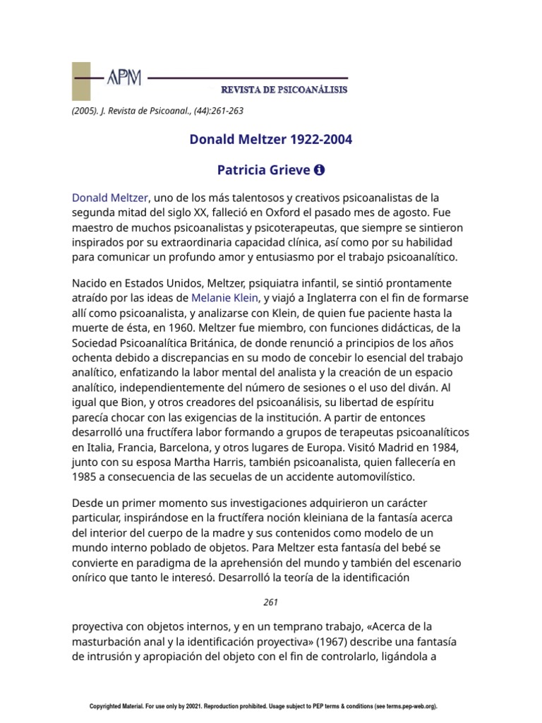 05 Grieve, P. (2005) Donald Meltzer 1922-2004. | PDF | Psicoanálisis | Sicología