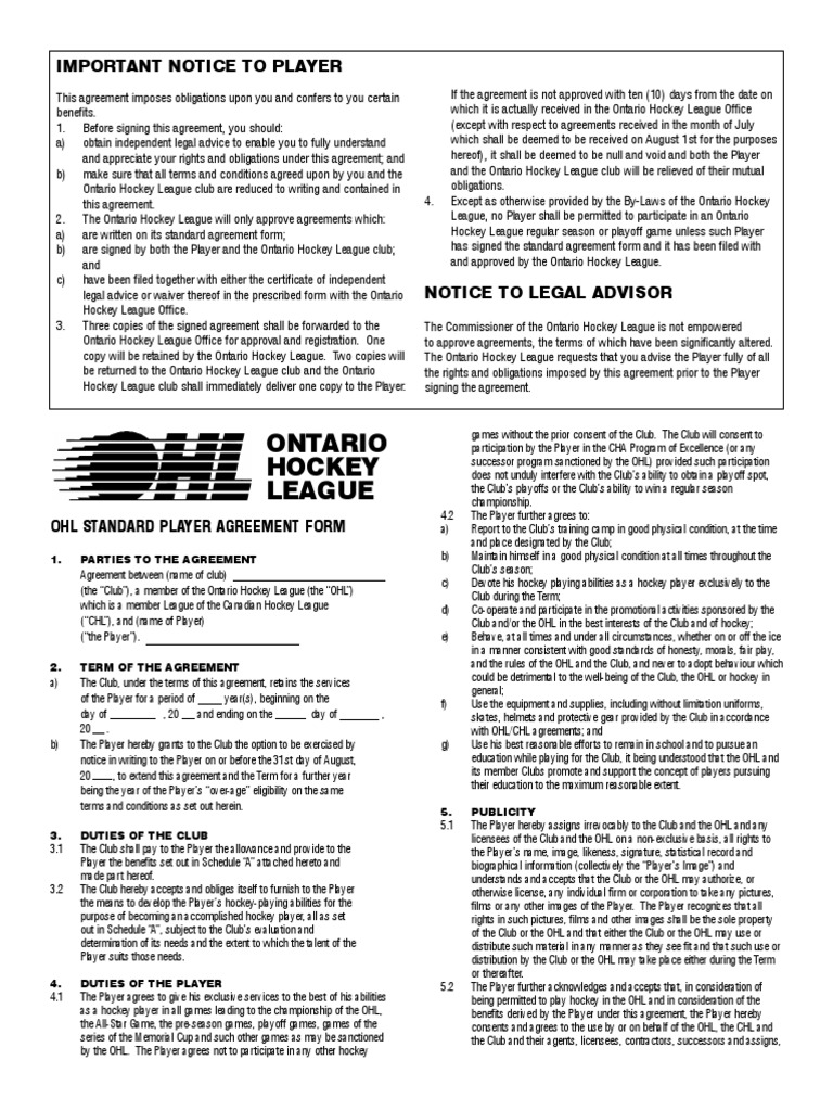 2012 OHL Standard Player Agreement PDF | PDF | Justice | Crime & Violence