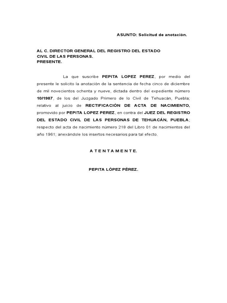 Solicitud Director Del Registro Civil | PDF