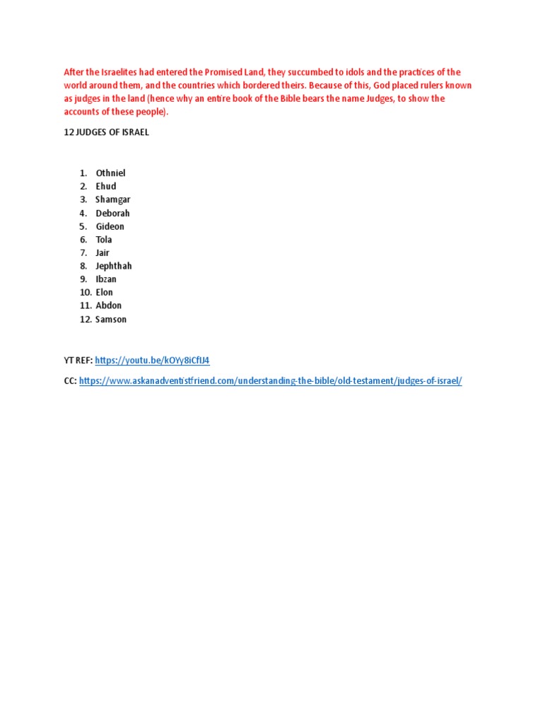 12 JUDGES OF ISRAEL (Othniel, Ehud, Shamgar, Deborah) | PDF | Old ...