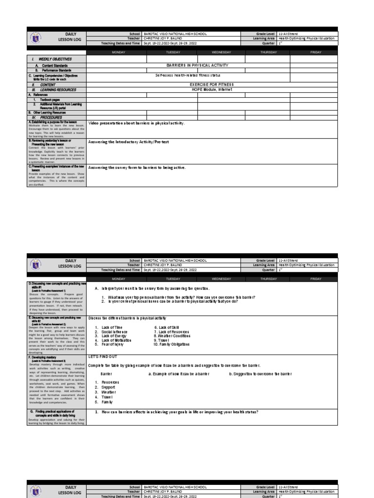 Overcoming Barriers to Physical Activity: A Lesson Plan on Identifying Personal Barriers and ...